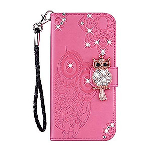 COTDINFORCA Compatible with Xiaomi Redmi Note 8 Case Glitter Wallet Case Leather with Card Slots Flip Case for Women Crystal Owl Embossing Shockproof Case for Xiaomi Redmi Note 8 Pink YK