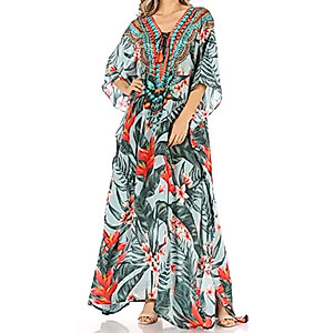 Sakkas AH62 - Milanna Women's V Neck Short Sleeve Vibrant Print Caftan Dress Cover-up - Print-1 - OS