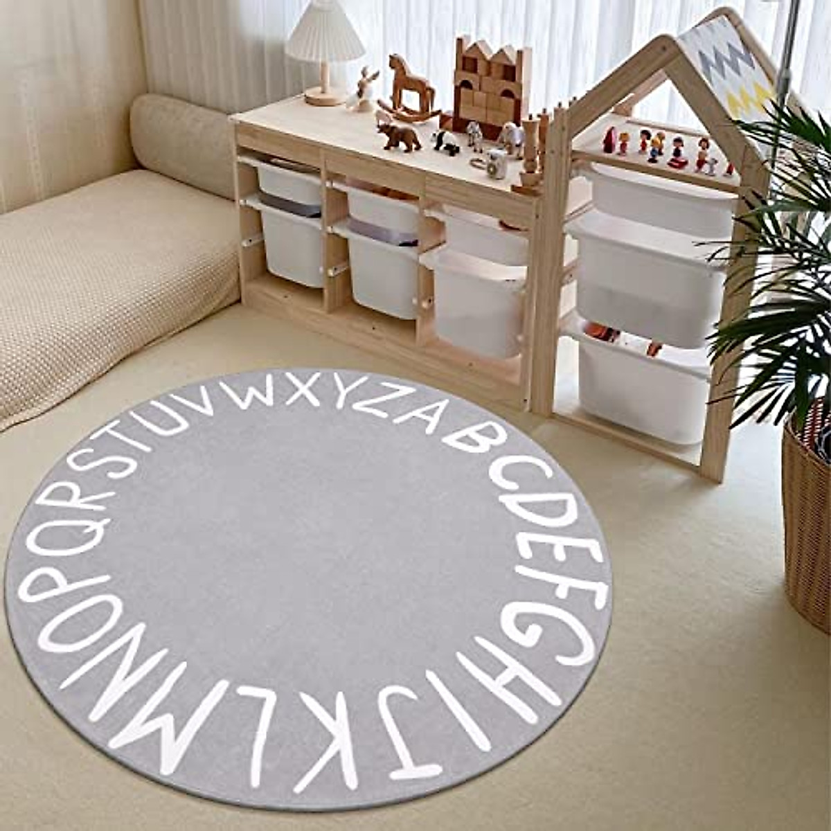 LIVEBOX Round ABC Kids Rug for Boy and Girl,Circle Washable Area Rug Non-Slip Crawling Play Mat for Playroom,Alphabet Nursery Area Rug Circular Learning Carpet for Bedroom (47",Grey)