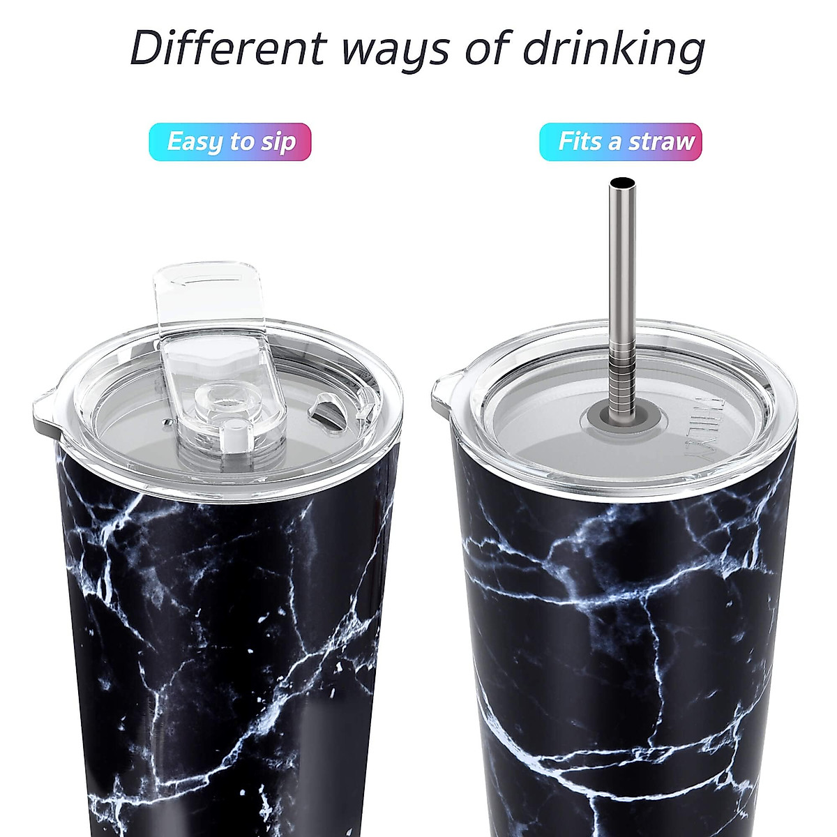 THILY Stainless Steel Vacuum Insulated Tumbler Travel Mug 26 oz Coffee Cup with 2 Lids and Straws, Splash Proof, Keep Ice Drinks Cold, Black Marble