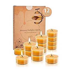 Beeswax Tealight Candles Bulk - Tealight Candles 12 Pack with 48 Hour Burn Time 4Hours of Each Beeswax Tealights for Home Decor & Ambiance, Long-Lasting & Eco-Friendly