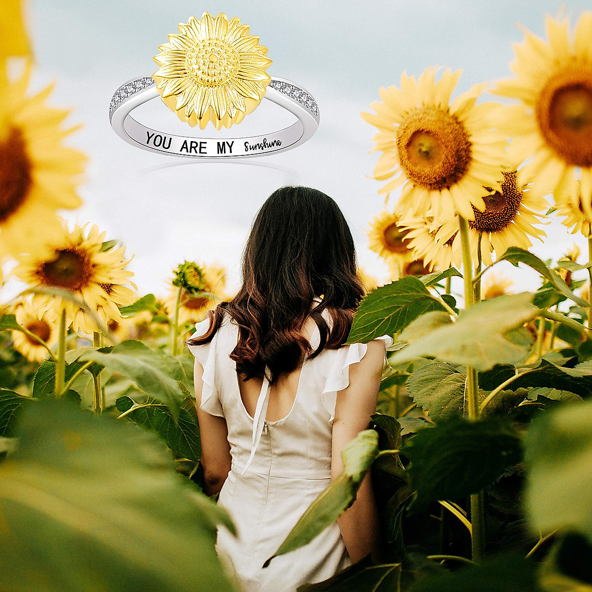 Sunflower Urn Ring You are My Sunshine 925 Sterling Silver Keepsake Memorial Cremation Urn Ring for Ashes for Women (9)