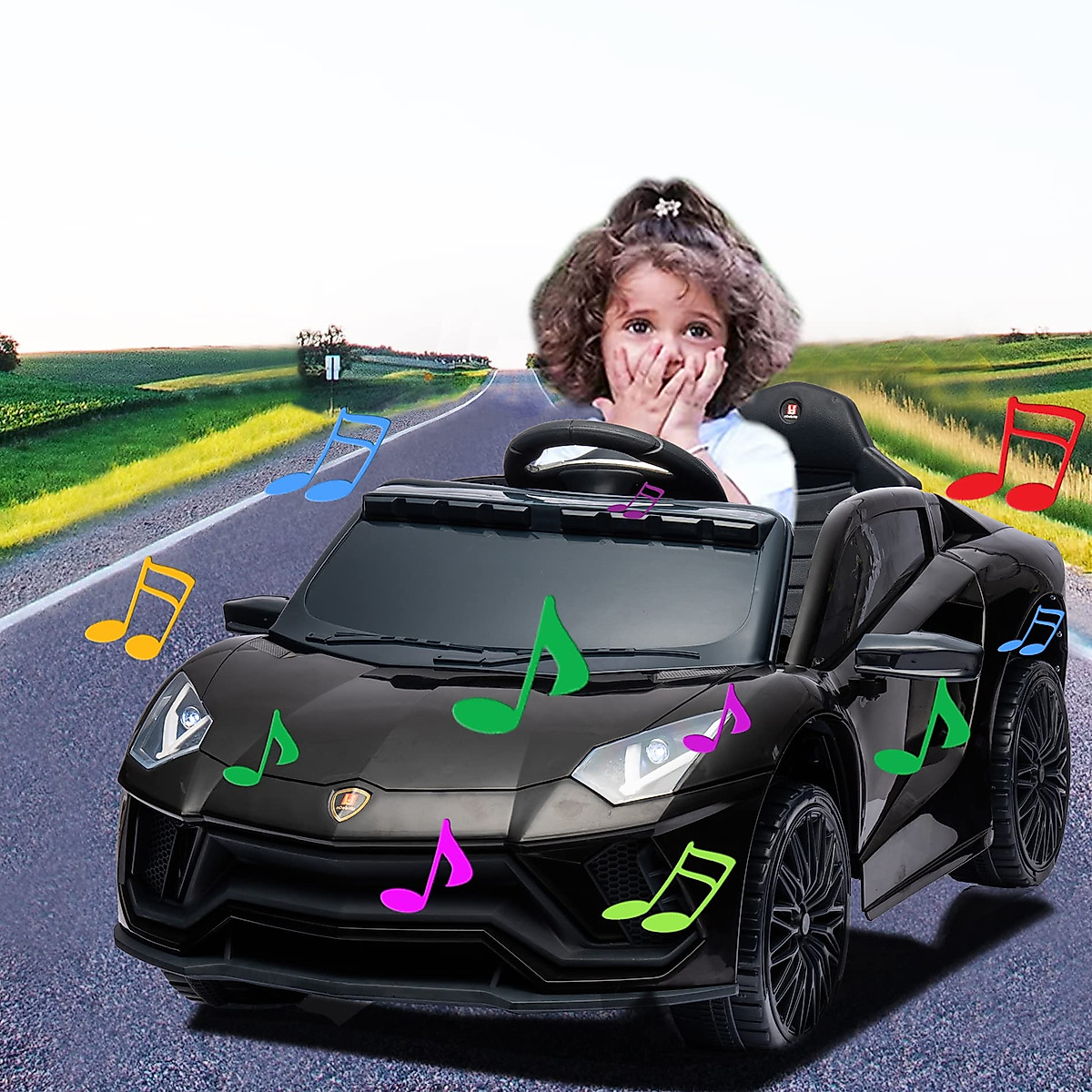 u URideon Kids Ride On Police Car, 12V Electric Sports Car Toys with Remote Control, Siren, Flashing Light,Music,Battery Powered (Black)