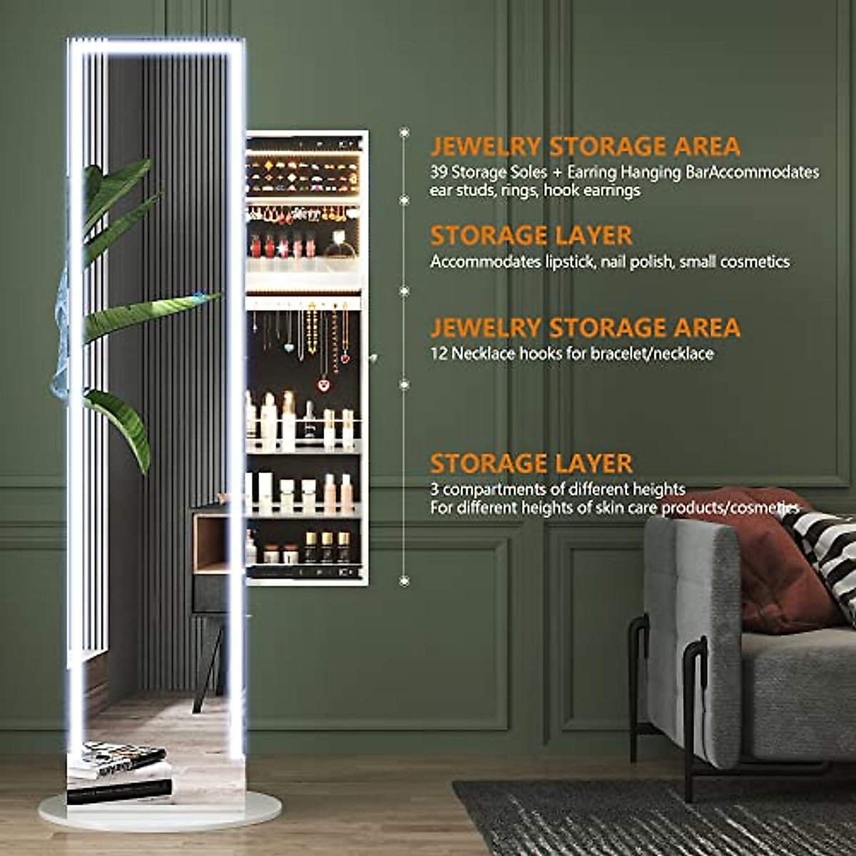 LVSOMT 360°Swivel Full-Length Mirror Jewelry Cabinet Armoire, Touch Screen Full Body Mirror with Jewelry Storage, Large Floor Jewelry Organizer for Bedroom, w/Coat Rack, Shelves(White)