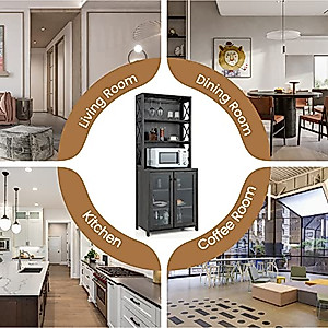 LOKO Kitchen Pantry Storage Cabinet, Farmhouse Buffet Hutch with Stemware Rack, Microwave Countertop & Tempered Glass Doors, 67.5" Freestanding Kitchen Hutch with Adjustable Shelf