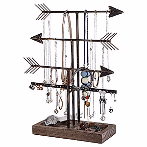 Urban Deco Arrow Jewelry Organizer Stand 4-Tier Black Jewelry Stand Necklace Organizer With Wooden Ring Holder For Jewelry Display Bracelet Holder Stand Earring Organizer For Girls - Black