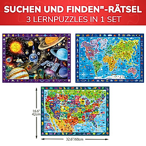 QUOKKA 100 Piece Puzzles for Kids Ages 4-6 – 3 Pack Floor Puzzles for Kids 8-10 Year Old – Learning Games World Map & Space 5-7 – United States Educational Puzzles for Toddlers 3-5