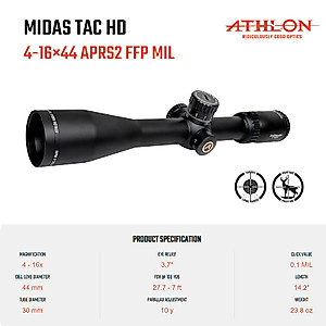 Athlon Optics Midas TAC HD 4-16x44 F1 30mm Tube ZeroStop Shockproof Weatherproof Hunting Long-Range Target Shooting Gun Scope | APRS2 FFP MIL Reticle