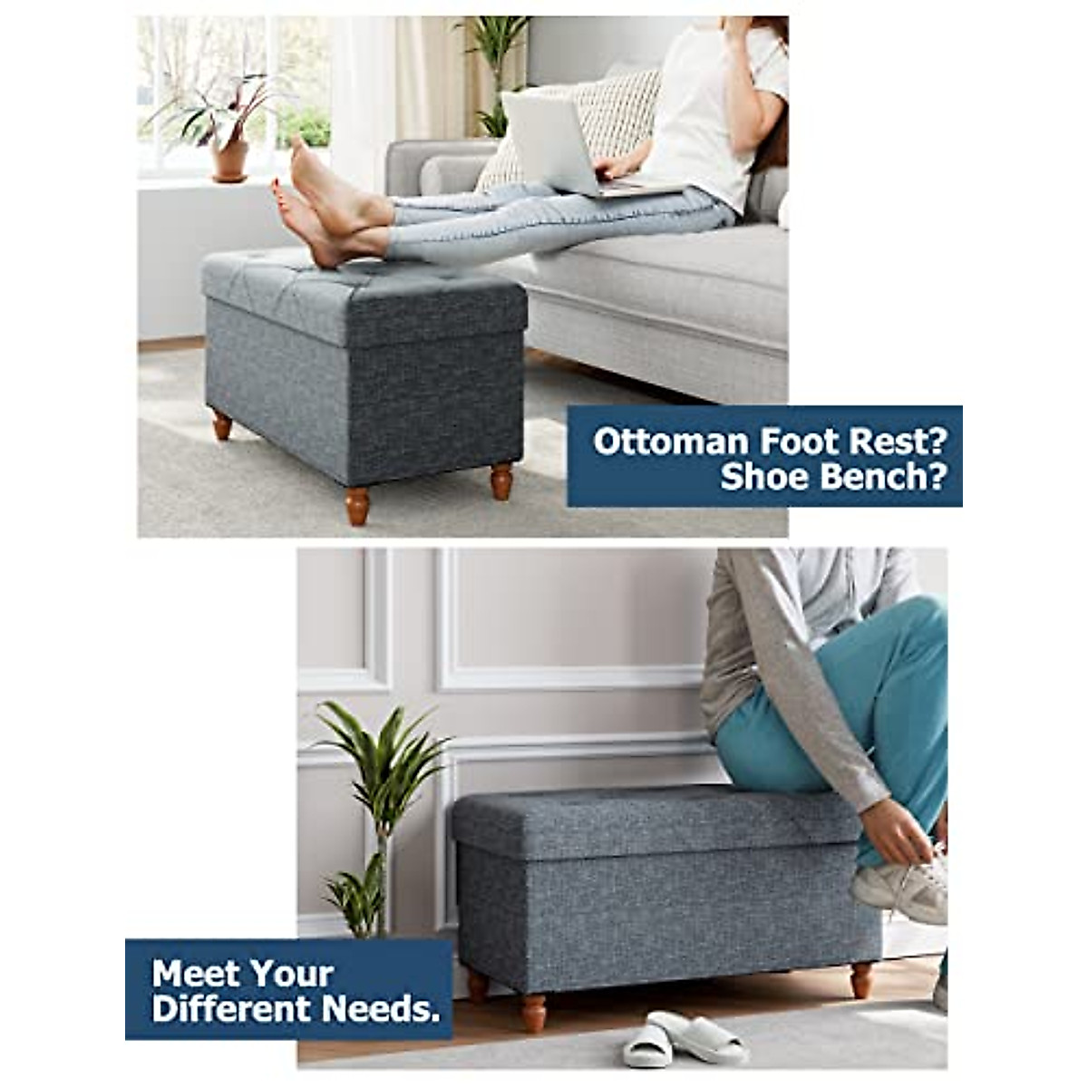 Nicehill Storage Ottoman with Wooden Legs, Nicehill Ottoman with Storage for Living Room, Folding Storage Ottoman Bench for Bedroom, Ottoman Foot Rest Stool, Linen Fabric Dark Grey 30" Ottoman