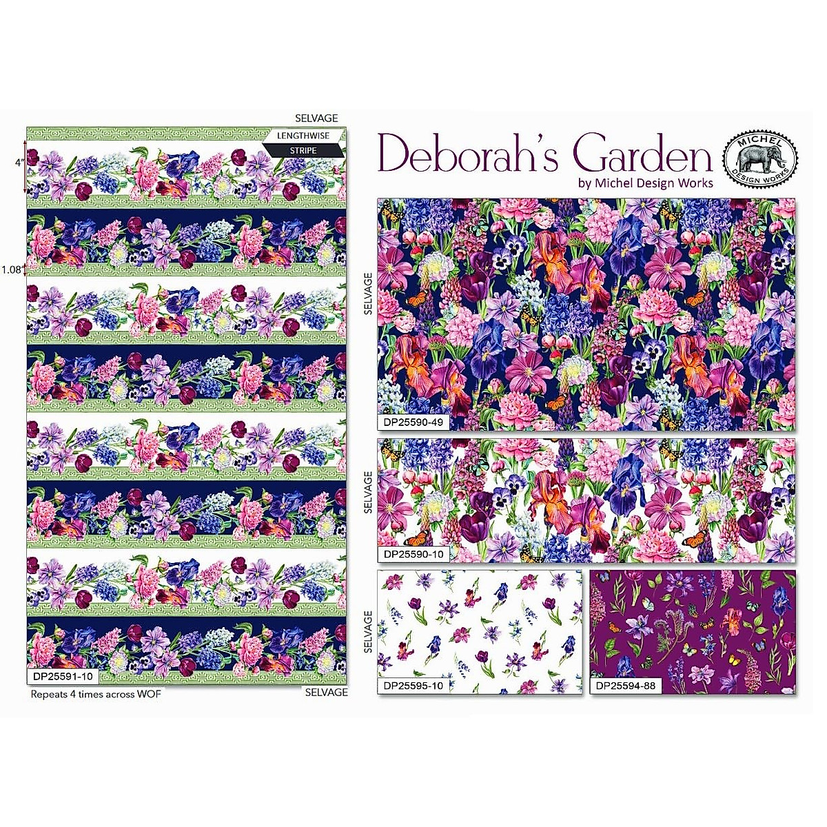 Northcott Deborahs Garden Butterfly White/Multi, Fabric by The Yard