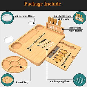 Large Bamboo Cheese Board Charcuterie Boards Set - Include Serving Platter Round Fruit Tray, Perfect House Warming Gift Anniversary and Wedding Gift