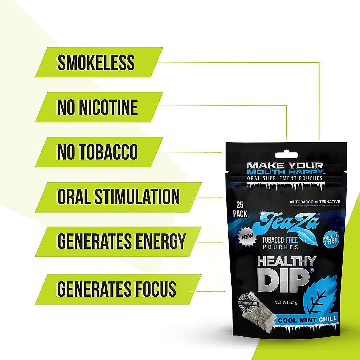 Teaza Energy Pouches, Tobacco Free Nicotine Free, Smokeless Alternative Snuff Healthy Chewing Tobacco Alternative, Minty Flavors Combo | 1 Wintergreen Chill & 1 Cool Mint Chill | 2 x 25 Pouch Packs