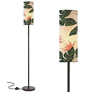 Modern Standing Lamps Beach cheerful tropical dark green leaves palm trees Minimalist Floor Lamp Metal Pole Lamp with Linen Lampshade for Bedroom Living Room Office Nursery Reading Foot Switch