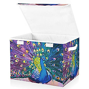 Kigai Peacock Storage Bins Foldable Large Cube Storage Box with Lids and Handles for Home Organizer Closet Office Decor 16.5x12.6x11.8 In