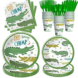 Xigejob Alligator Party Decorations Tableware- Alligator Birthday Party Supplies, Paper Plate, Cup, Napkin, Disposable Cutlery, Reptile Crocodile Party Decorations For Birthday Baby Shower | Serve 24