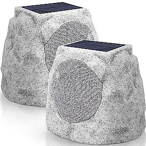Outdoor Speakers Waterproof 2pack for All Seasons & Solar Powered with Rechargeable Battery Rock Speakers Wireless Bluetooth with Colorful LED Light for Garden, Patio (2-Pc, Granite Grey)