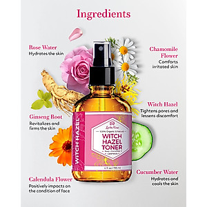 Witch Hazel Alcohol Free Toner by Leven Rose, 100% Pure Organic Facial Rose Water with Rose Petals, Calendula, Cucumber, and Chamomile Flower 4 oz