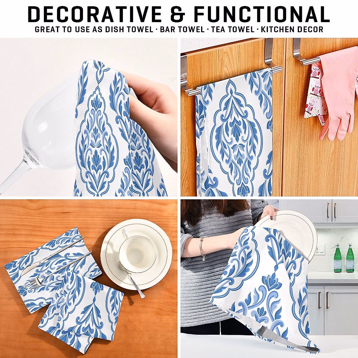 Kigai Blue White Damask Pattern Kitchen Towels, 18 x 28 Inch Super Soft and Absorbent Dish Cloths for Washing Dishes, 4 Pack Reusable Multi-Purpose Microfiber Hand Towels for Kitchen