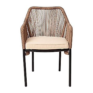 Flash Furniture Kallie Set of 2 Indoor/Outdoor Stacking Club Chairs with Arms - UV Resistant Woven Natural Seat - Ivory Zippered Cushions - Black Aluminum Frame