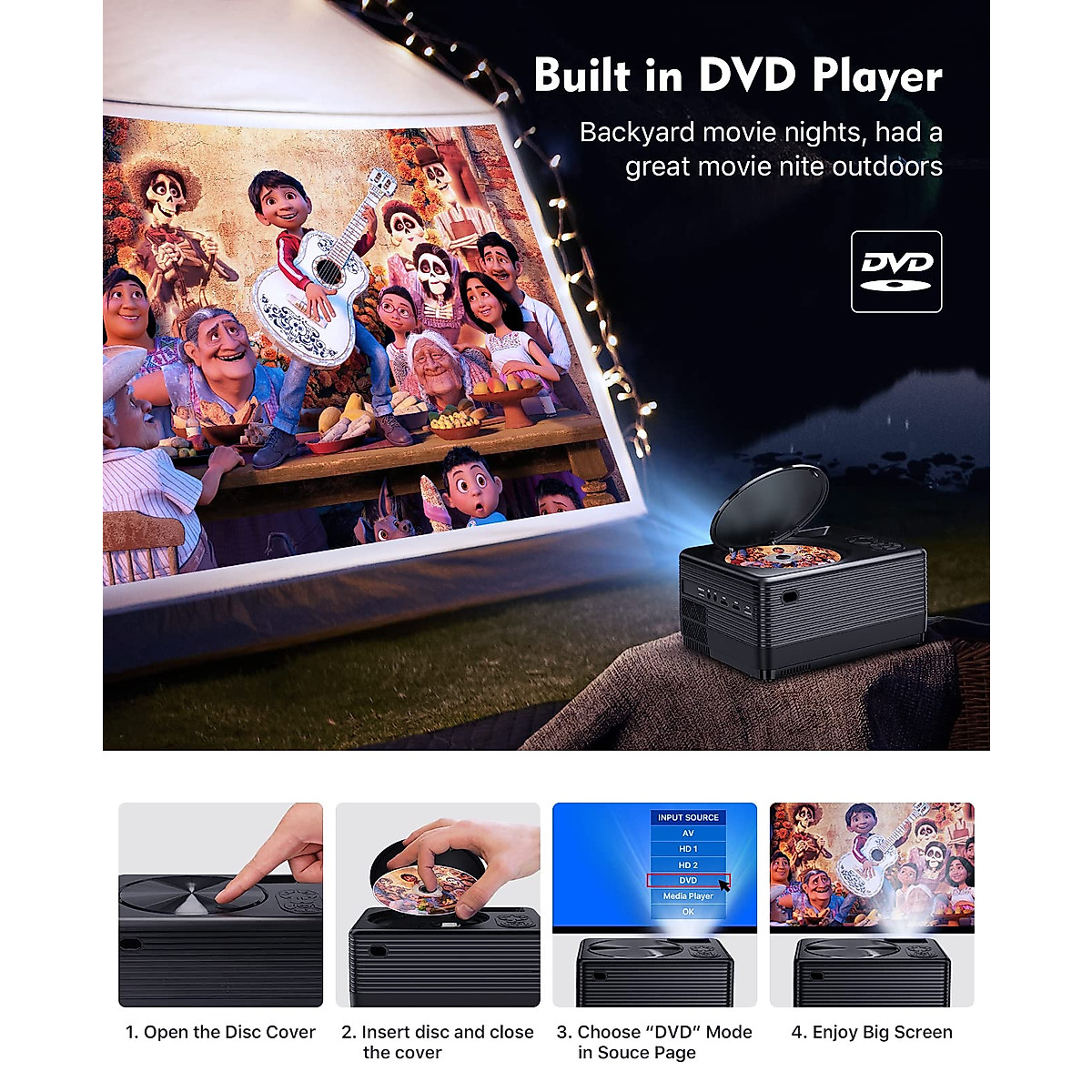 Mini Projector for iPhone, 1080P Bluetooth DVD Projector with Built in DVD Player with 120 inches Screen, Led Portable Video Projector for Outdoor Family Movie Night Compatible Phone/HD/USB