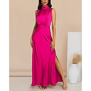 BTFBM Women Sleeveless Mock Neck Cocktail Dresses Keyhole Elastic Waist Party Wedding Guest Satin High Split Maxi Dress(Solid Rose Red, Small)