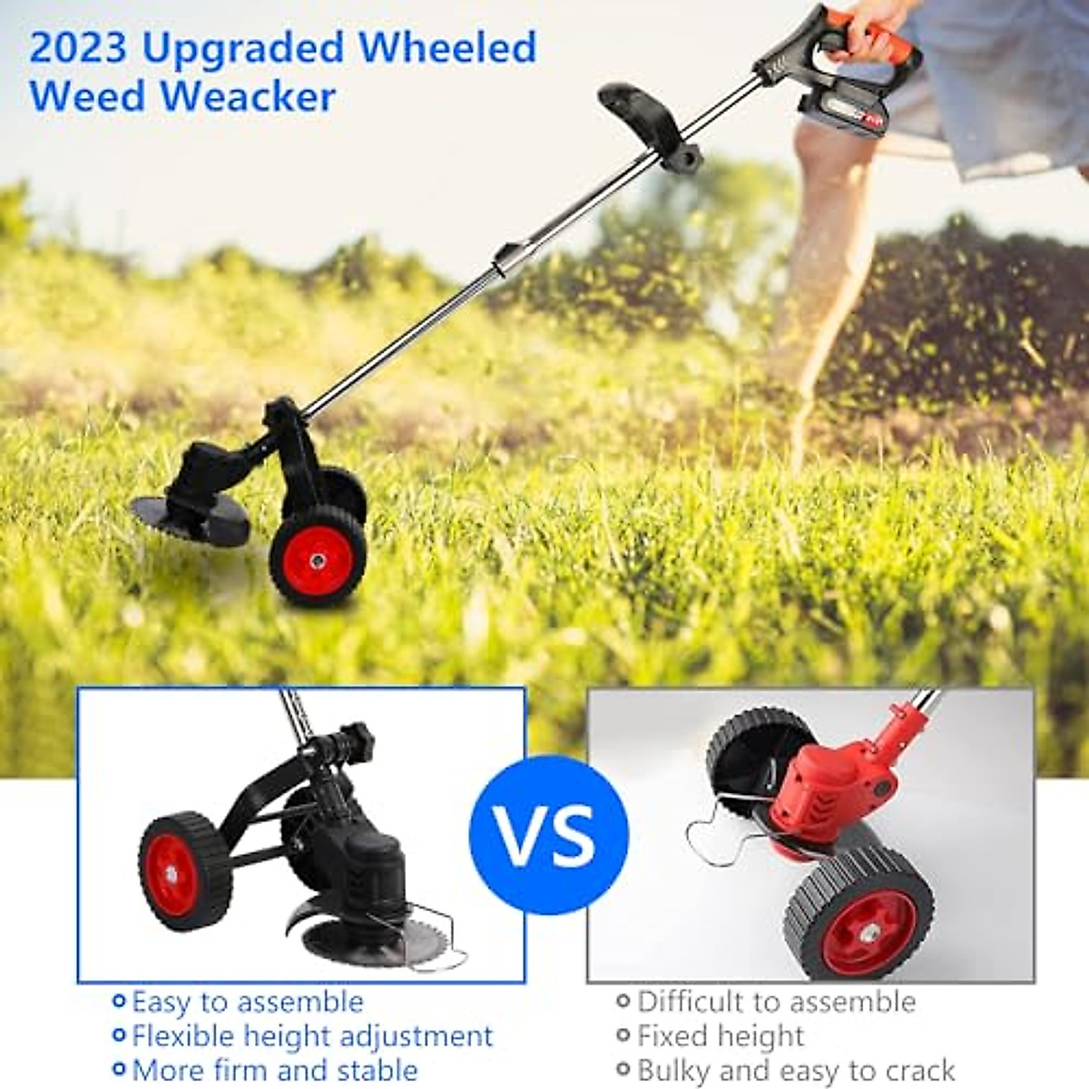 Hesitroad 3 in 1 Electric Grass Trimmer, Rechargeable D-Shaped Handle Weed Eater Cordless 2 Wheel Telescopic Lawn Mower Full Functional Brush Cutter for Garden 21V 2000mAh Batteries Supply 850W