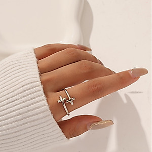 Sterling Silver Polished Cross Ring Mens Adjustable Double Wrap Sideways Cross Ring for Women Daughter friend Easter Gift Amulet Jewelry for Wedding Engagement FR0009W