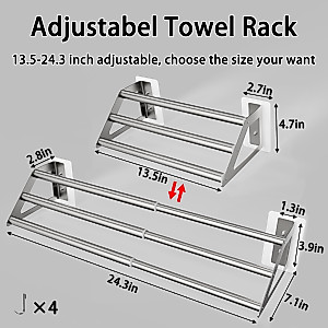 13.5-24 Inch Adjustable Towel Rack with Adhesive Wall Screws for Bathroom, Wall Mount Towel Bar Holder, Bath Towel Shelf Hanger with Movable Hooks, 3-Tiers Ladder Towel Rails, SUS 304 Stainless Steel