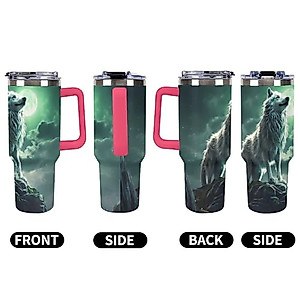 Wolf Full Moon 40 Oz Car Cup Stainless Steel Travel Mug Leak-Proof Insulated Tumbler with Handle Light Rose Red-style