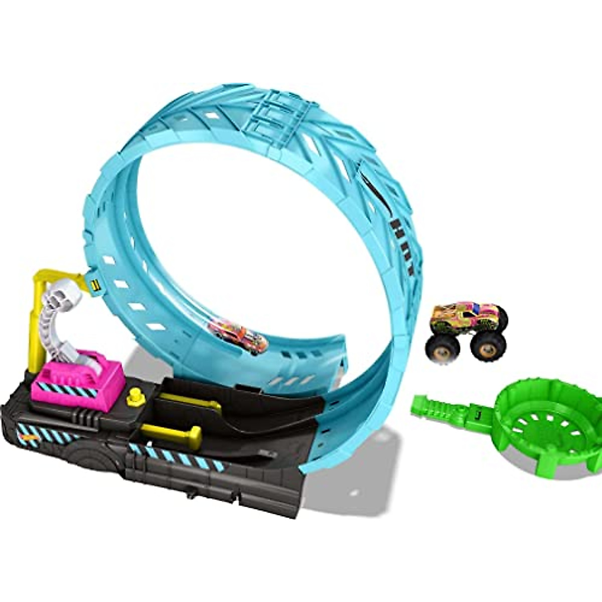 Hot Wheels Monster Trucks Glow in The Dark Epic Loop Challenge Playset with Launcher, Ramp & Giant Loop, Includes 1 1:64 Scale Die-Cast Truck & 1 Car, Toy Gift for Kids 4 to 8 Years Old
