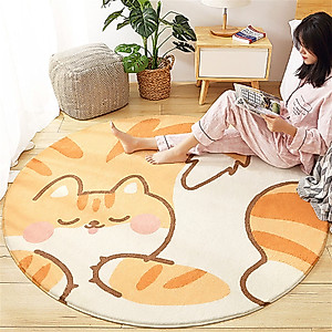 TEALP Kids Play Rug 4ft,Round Area Rug Kids Nursery Door Mat Soft Plush Childrens Carpet for Bedroom Living Room Kids Playroom,Orange Cat