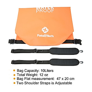 Foto&Tech Orange 10LT Waterproof Dry Bag Roll Top Dry Compression Sack Floating Dry Gear Bag Storm Sack+Backpack Style Padded Shoulder Straps for Kayaking/Boating/Beach/Rafting/Hiking/Camping/Fishing