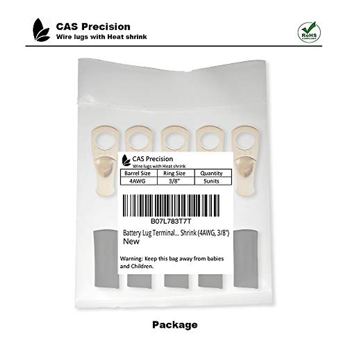 Ring Terminal Connectors Battery Wire Lugs Pure Copper Heavy Duty Cable Ends with Heat Shrink Tube 2AWG 4AWG 6AWG 8AWG (4AWG 3/8" Ring)