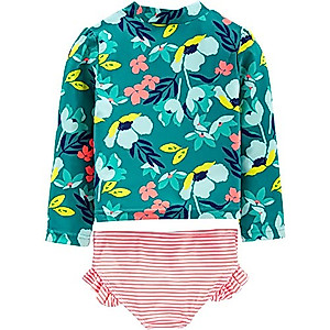 Simple Joys by Carter's Girls' 2-Piece Assorted Rashguard Sets, Green Floral/Pink Stripe, 18 Months