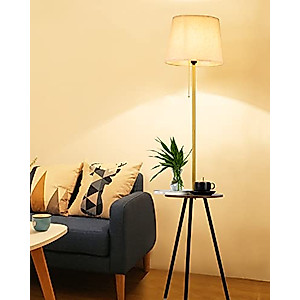 Floor Lamp with Shelves,Round Shelf Floor Lamps with E26 LED Bulb,Foot Switch Storage Wood Texture Modern Floor Lamp with Linen Shade,Display Standing Lamp for Living Room, Bedroom-Wooden