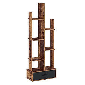 Rolanstar Bookshelf with Drawer, Rustic Wood Bookshelves, Free Standing Book Shelf Industrial Shelf Free Standing Storage Shelf for Bedroom, Living Room, Home Office, Rustic Brown