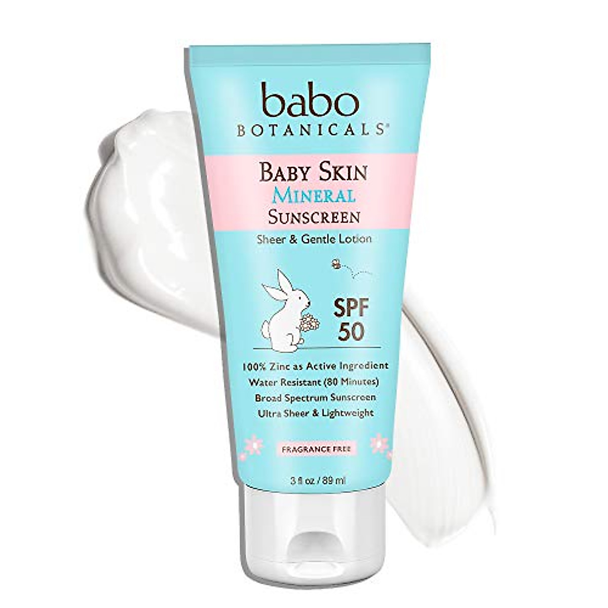 Babo Botanicals Baby Skin Mineral Sunscreen Lotion SPF 50 Broad Spectrum - with 100% Zinc Oxide Active – Fragrance-Free, Water-Resistant, Ultra-Sheer & Lightweight - 3 fl. oz.