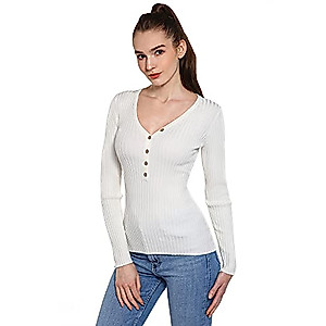 AmélieBoutik Women V Neck Henley Long Sleeve Pullover Ribbed Sweater (Ivory Large)