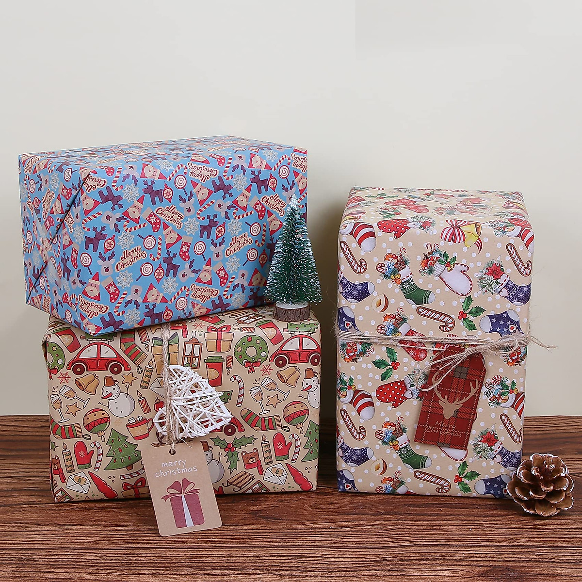 Aimyoo Kraft Christmas Wrapping Paper Jumbo Roll, Santa Stockings Candy Canes Deer Letters Design, Kids Xmas Gift Wrap Paper 17 in x 32 ft