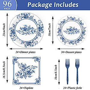 96 PCS Floral Blue & White Flower Party Tableware Set Disposable Party Supplies Decorations Bridal Birthday Baby Shower Tea Spring Summer Dinnerware Decor for Men Women Plates Napkins Forks Serve 24