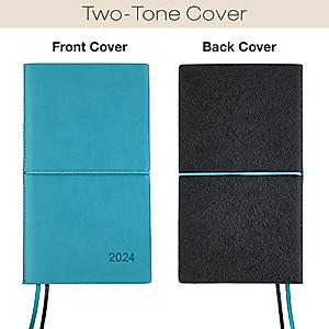 2024 Planner/Pocket Calendar 4"x7": 14 Months (Nov 2023 - Dec 2024) Weekly, Monthly Calendars, Leather Material, Elastic Closure, Decorative Stitching, Page Finder Ribbons and Notes Pages (Blue/Black)