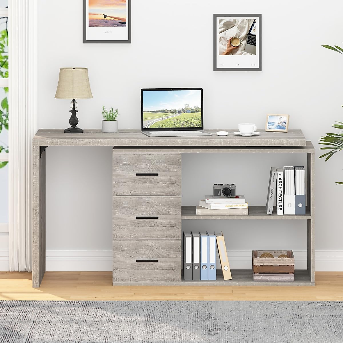 HSH 360° Rotating L Shaped Computer Desk with 3 Drawers and 2 Shelves, Home Office Swivel Desk for Work Writing Study Gaming, Reversible Wood Corner Desk with Storage Cabinet, Light Grey Oak, 55 Inch