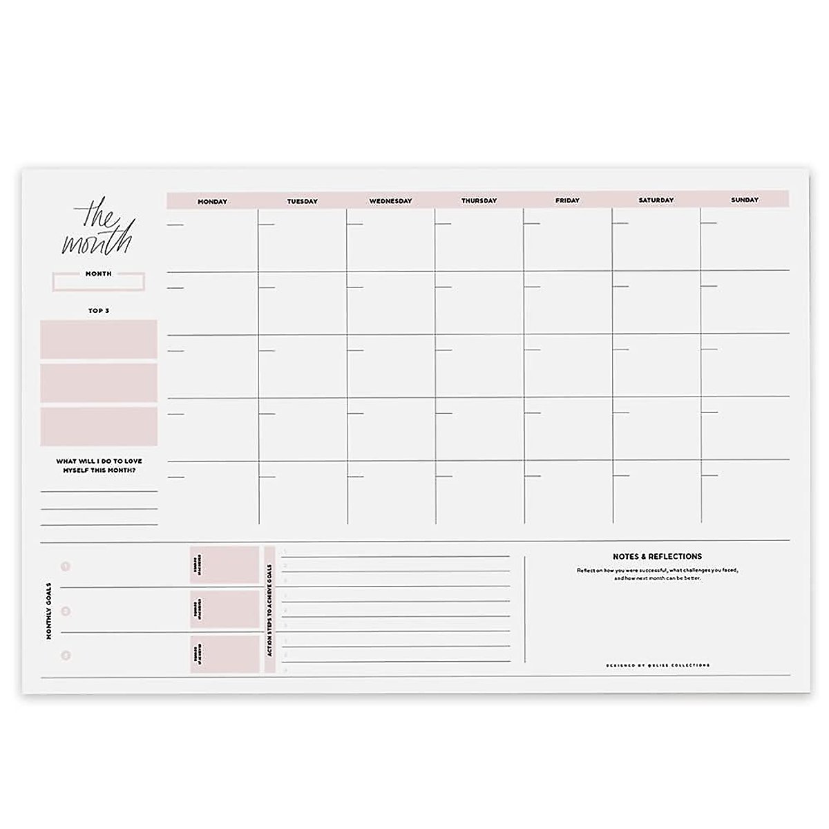 Bliss Collections Monthly Planner, Simple Pink Self-Care, Undated Desk Calendar and Planner for Organizing and Scheduling Tasks, Productivity Tracker, Goals, Notes and To-Do Lists, 12"x18" (18 Sheets)