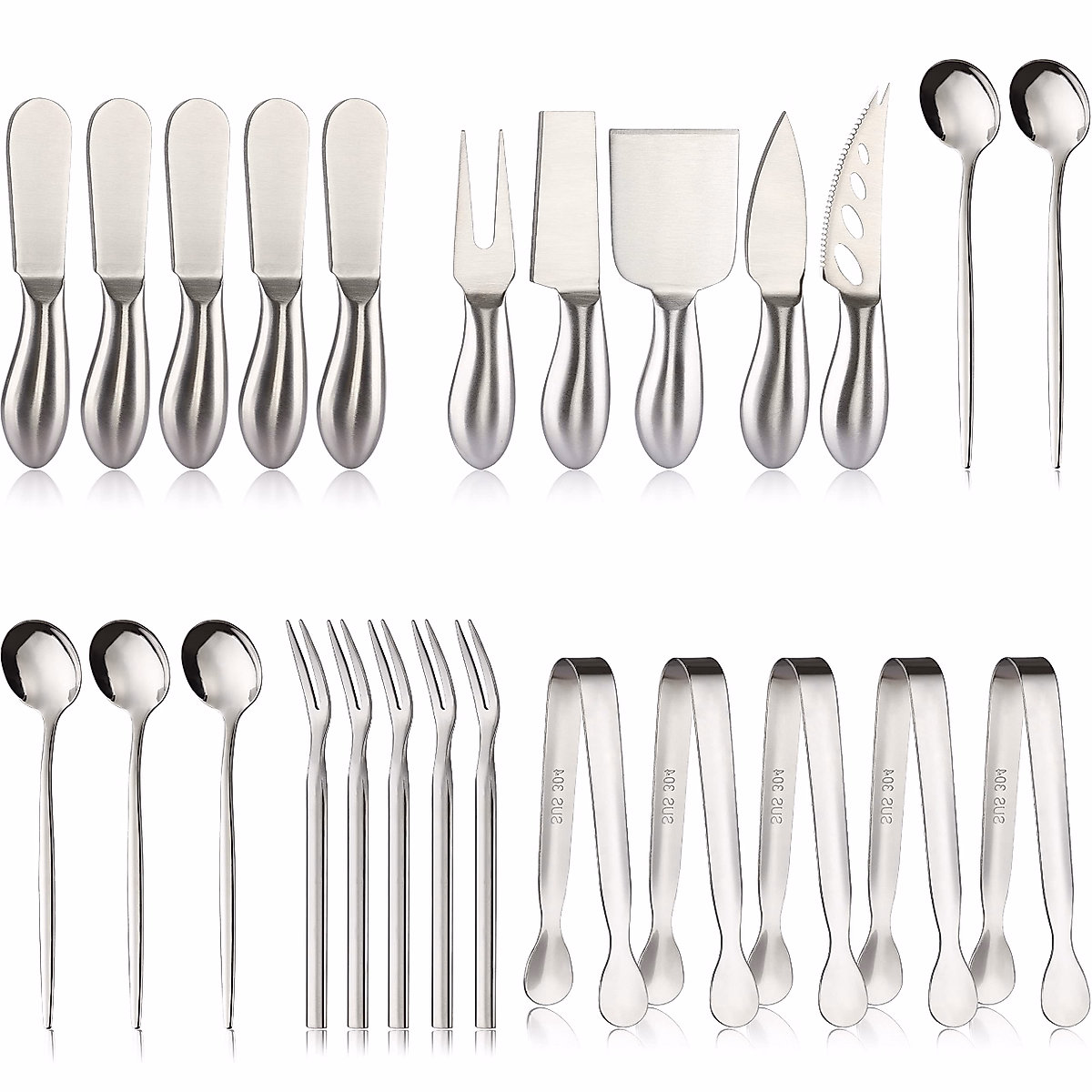 Spreader Knife Set Cheese Butter Spreader Knife Set Stainless Steel Cheese Butter Slicer Knives Cheese Spatula Set with Mini Serving Tongs Spoons Forks for Birthday Wedding Christmas (25)