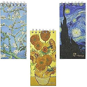 The Gifted Stationery 3-Pack Vincent Van Gogh Designs Spiral Memo Notepads with Hard Cover & Lined Paper, 8.4 inches Long x 3.75 inches