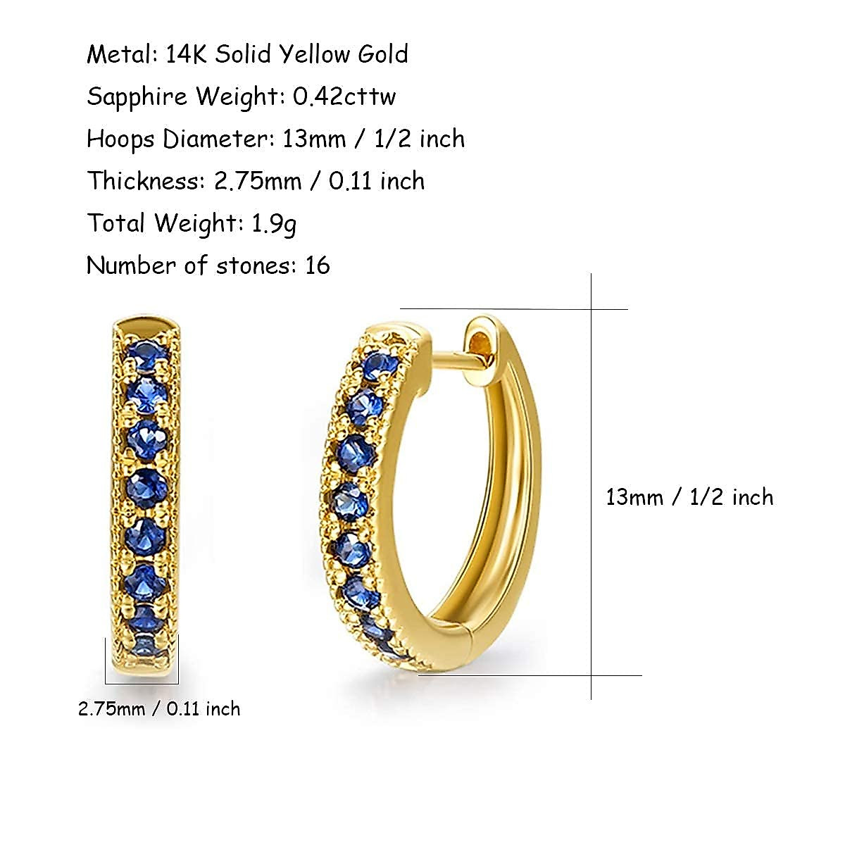 Carleen 14K Solid Yellow Gold Hoop Earrings 0.42cttw Genuine Sapphire Birthstone Earrings Huggie Cartilage Valentines Day Gifts Birthday Gifts for Women Fine Jewelry 1/2" (13mm)