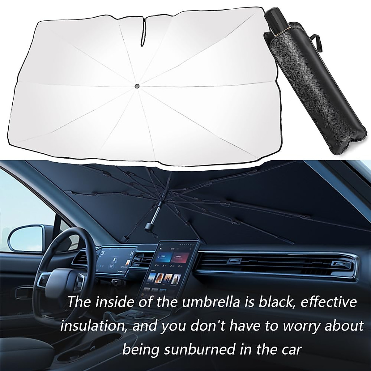 IHOTDER Cool Windshield Sun Shade Umbrella - New Titanium Silver Reflector Blocks 99% of UV Through Automotive Glass - Summer Car Essential Windshield Cover with Opening Design, 55.12*30.7*0.3inch