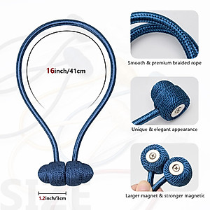 NICEEC 2 Pack Strong Magnetic Curtain Tiebacks 16 Inch Handmade Weave Rope Curtain Holdbacks 2023 Modern Elegant Decorative Curtain Drape Tie Backs for Home & Outdoor Window Drapery (Navy Blue)