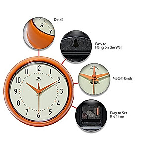 Infinity Instruments LTD. Retro 9 inch Silent Sweep Non-Ticking Mid Century Modern Kitchen Diner Wall Clock Quartz Movement Retro Wall Clock Decorative (Orange)