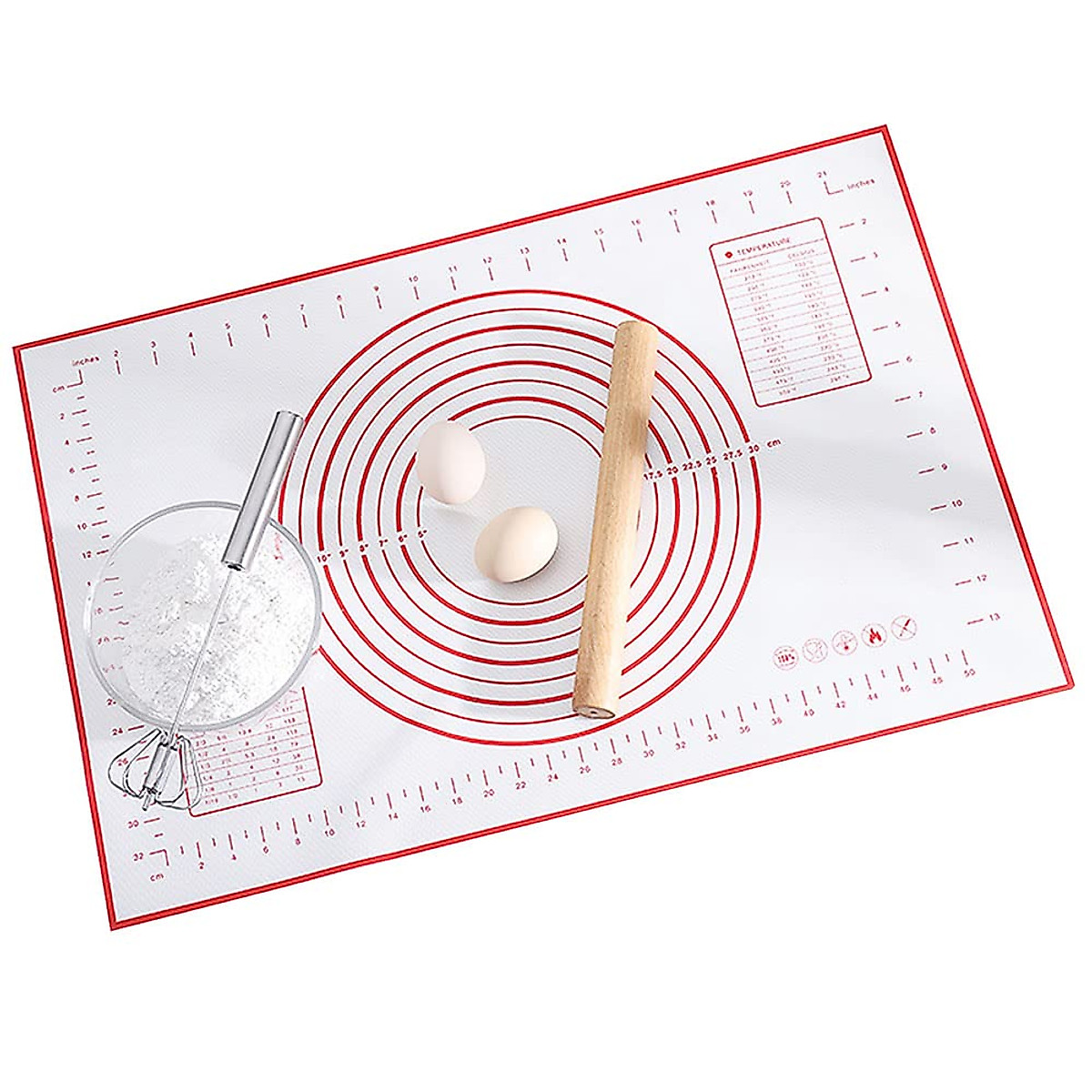 Silicone Dough Mat Non Stick Pastry Mat with Measurement Silicone Mats for Kitchen Counter Reusable Baking Mat Pie Crust Mat with Oil Brush and Dough Scraper(24" x 16",Red)